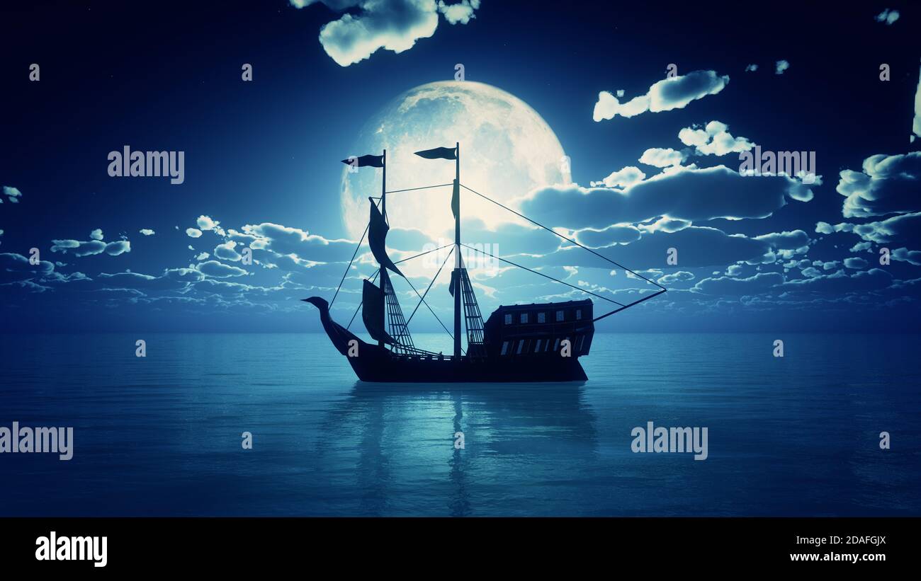 old ship in sea full moon, 3d render illustration Stock Photo - Alamy