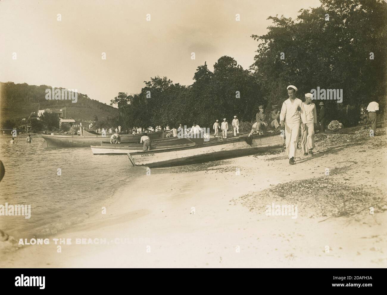 Antique c1910 photograph, US Navy sailors with boats “along the beach ...