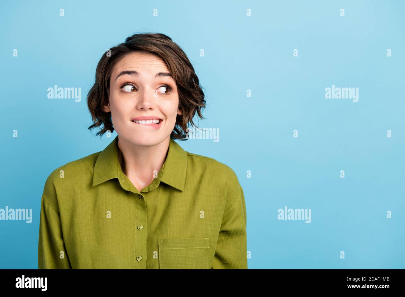 Photo of cute lovely charming lady short hairstyle guilty look side ...