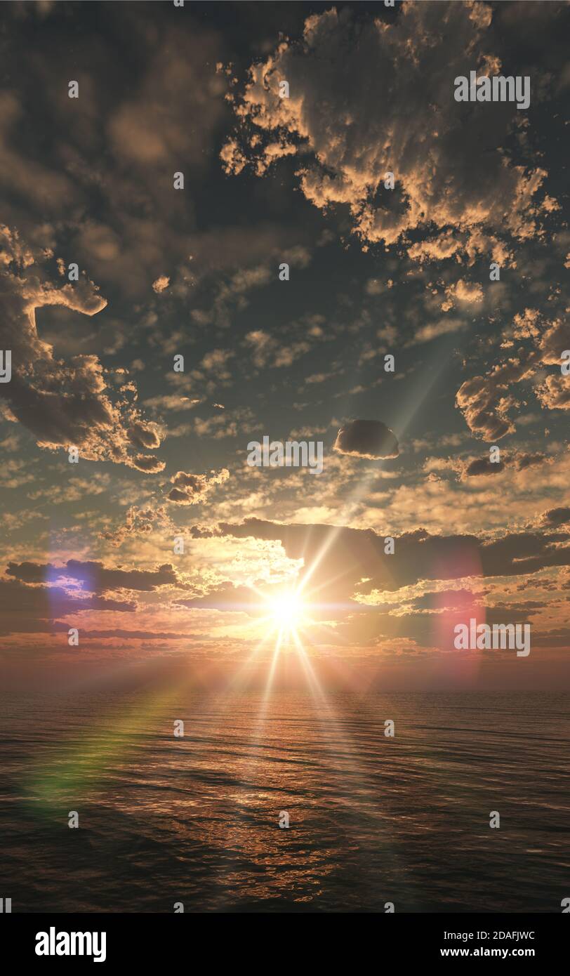 beautifully sunset over ocean, 3d render illustration Stock Photo - Alamy