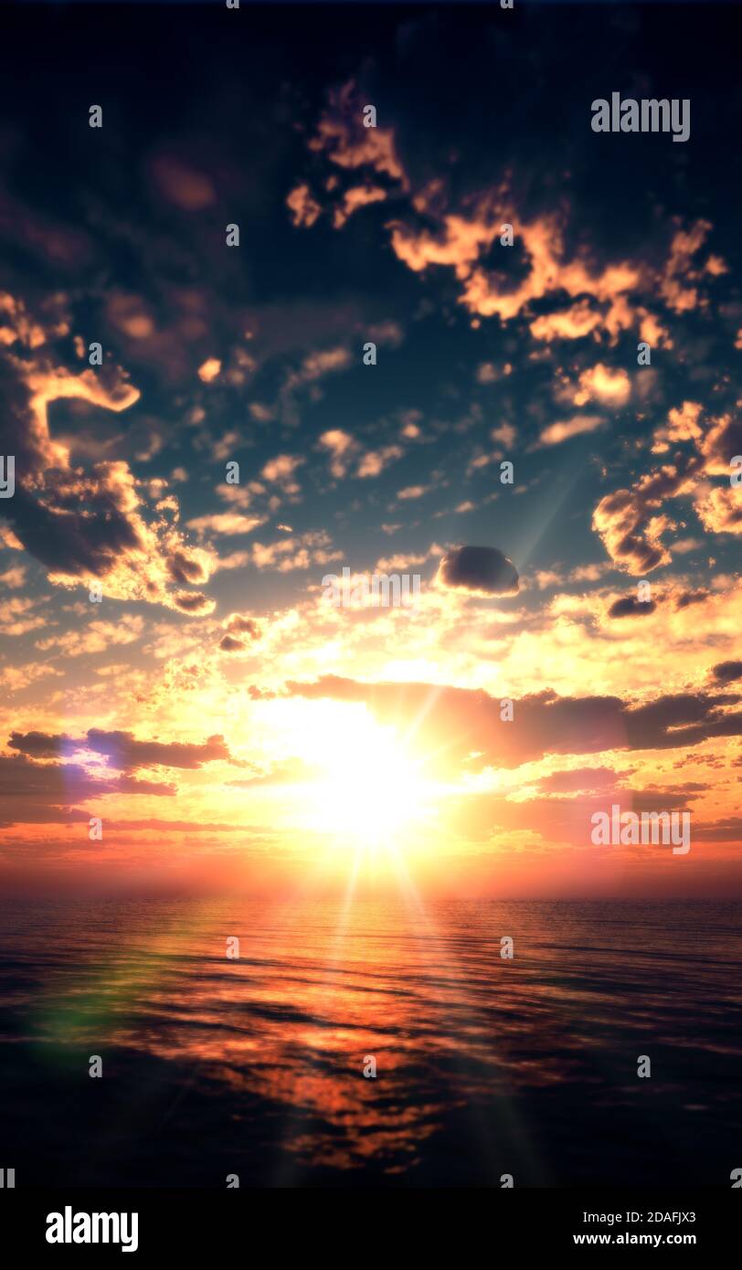 beautifully sunset over ocean, 3d render illustration Stock Photo - Alamy