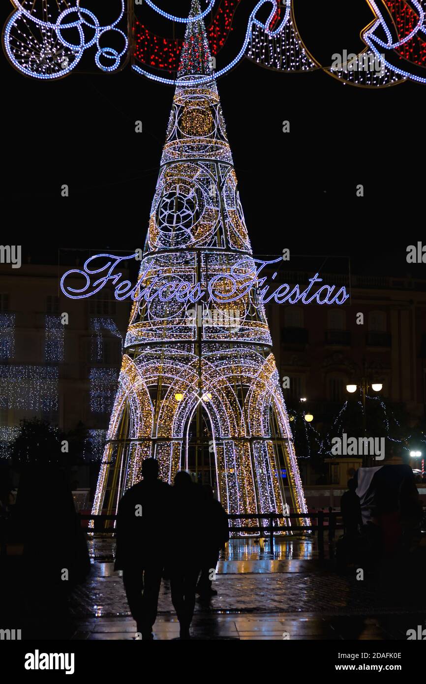 Large illuminated Christmas tree decorating a square in Cadiz, Spain ...