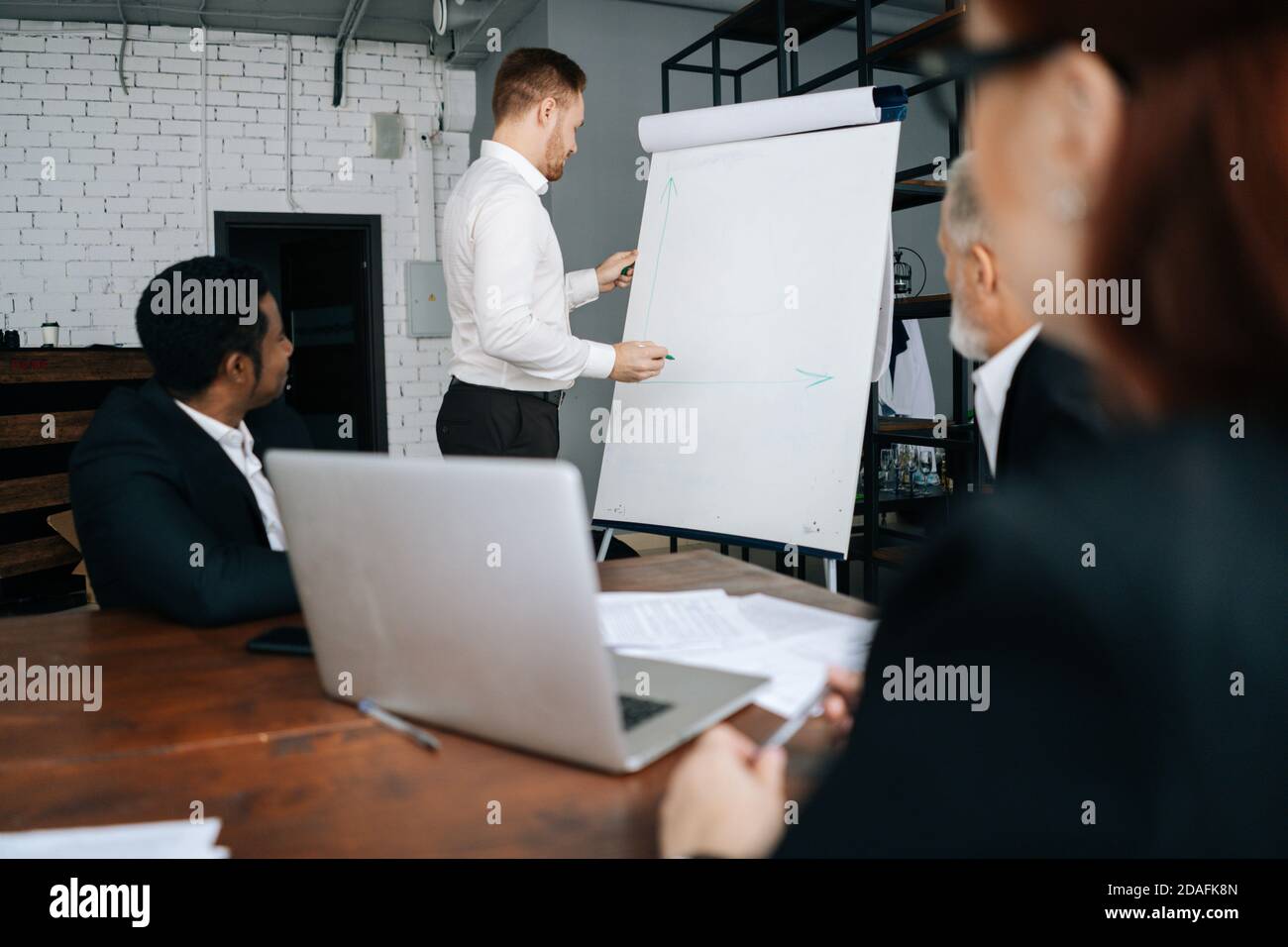 Successful man executive leader coach giving lecture presentation for ...