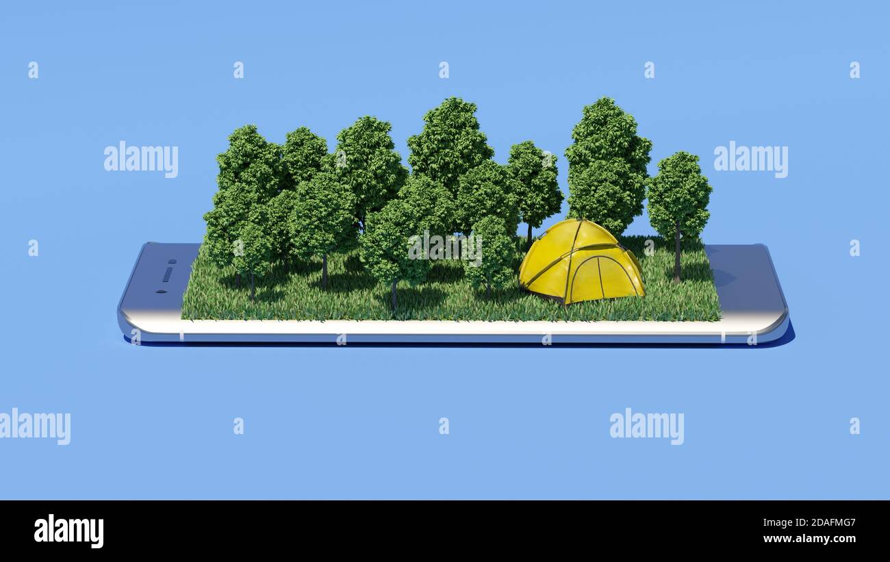 Forest with tent popping out of a smartphone screen Stock Photo - Alamy