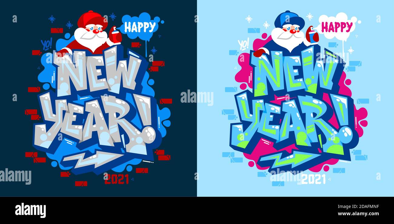 Happy New Year 2021 With Santa Claus In Graffiti Style Font Lettering ...