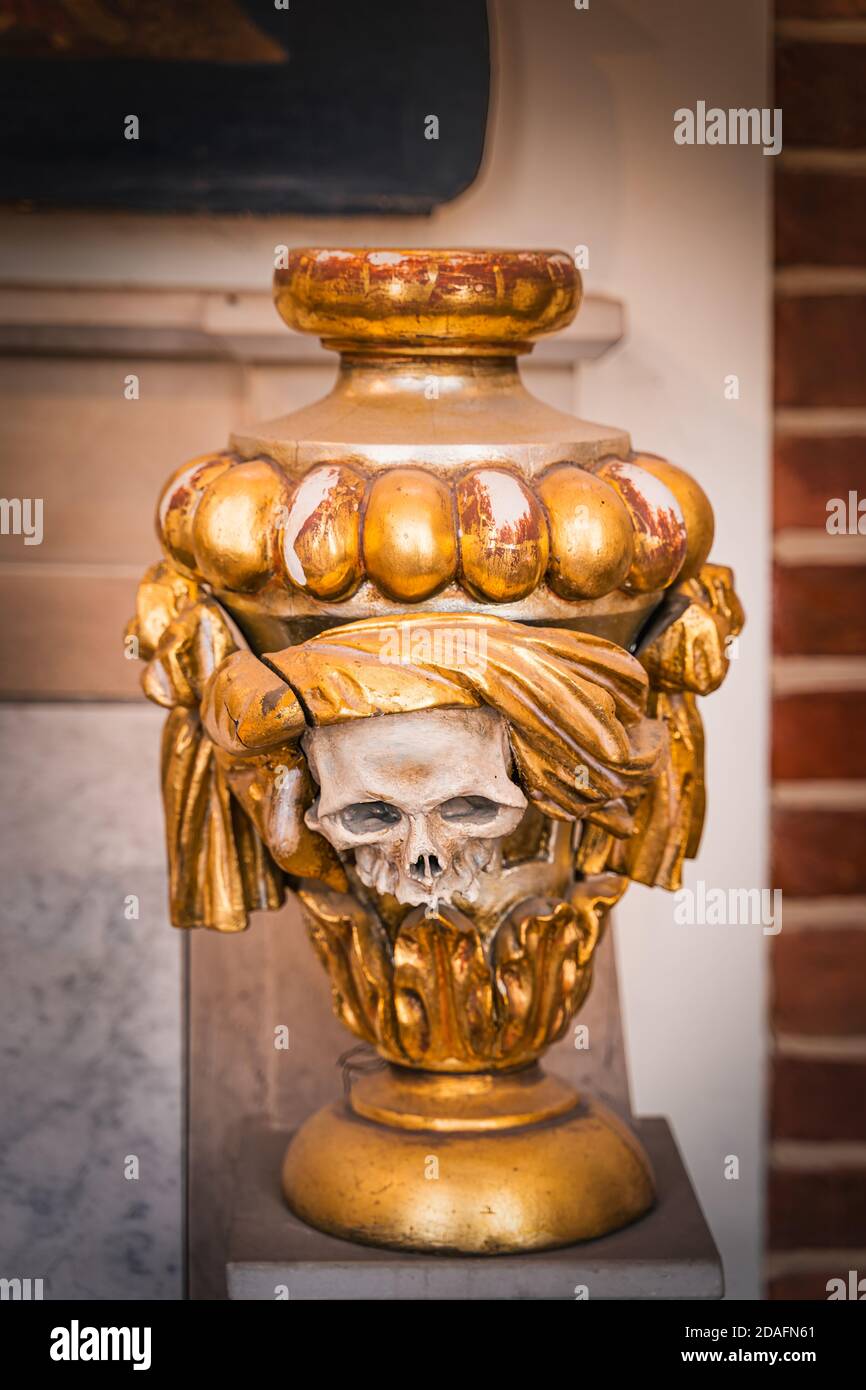 Szczecin, Poland, June 2019 Skull ceremonial urn, worn and broken, on ...