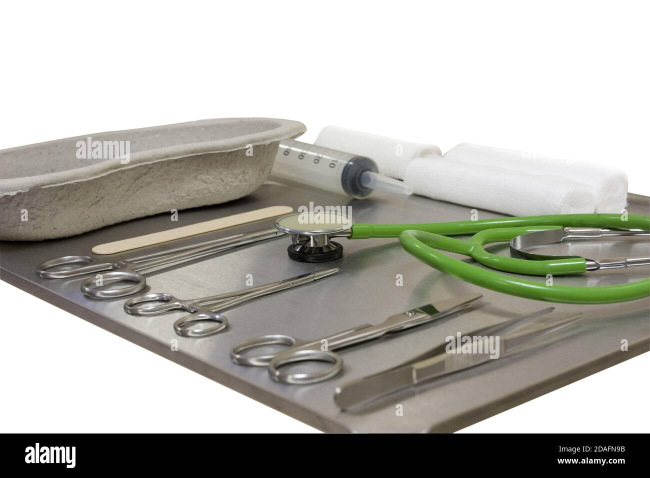 Closeup of medical instruments set up for the operational table on a ...