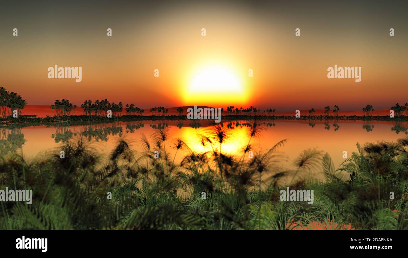 sunset over oasis landscape 3d render illustration Stock Photo - Alamy sunset over oasis landscape 3d render illustration Stock Photo - Alamy