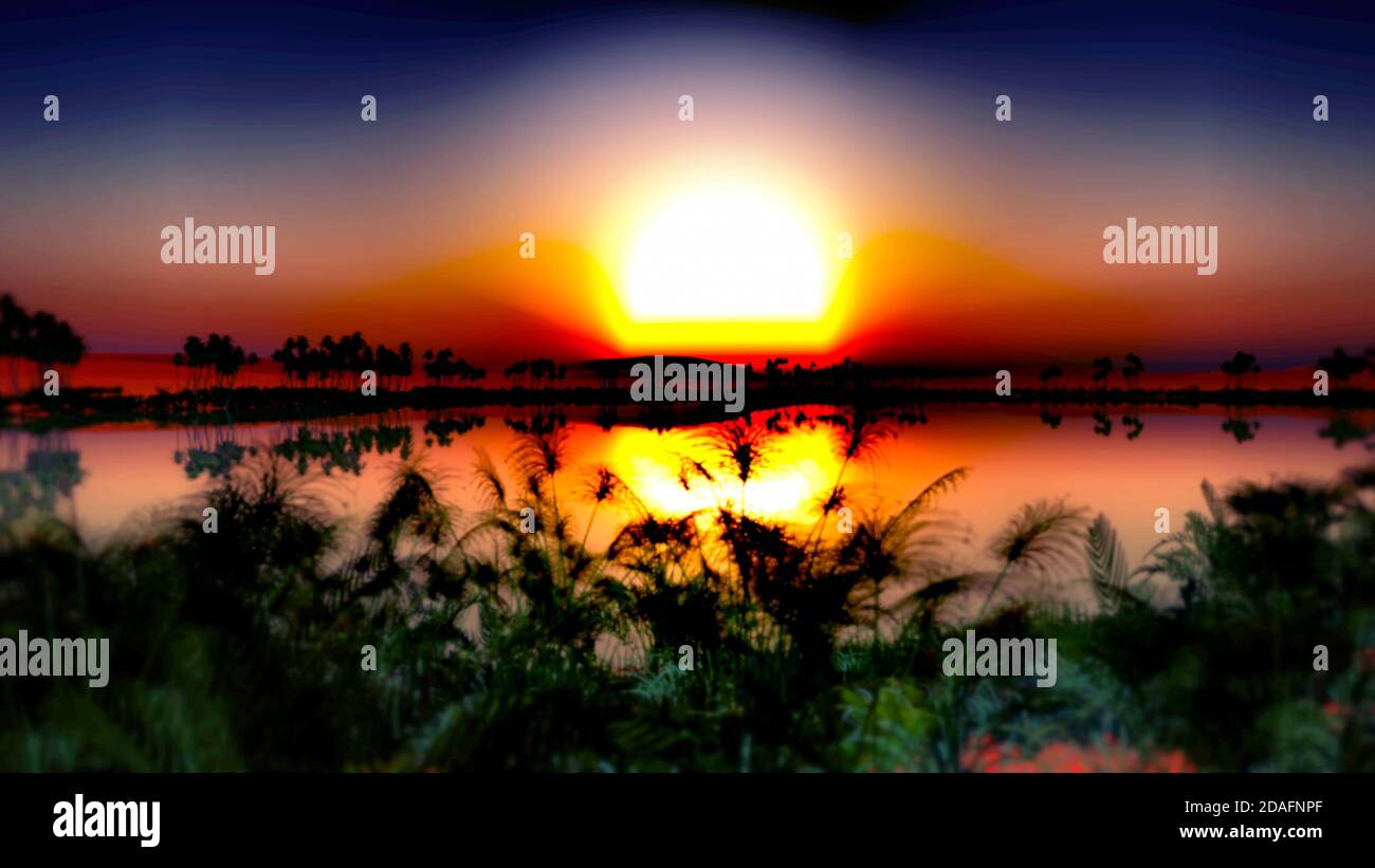 sunset over oasis landscape 3d render illustration Stock Photo - Alamy