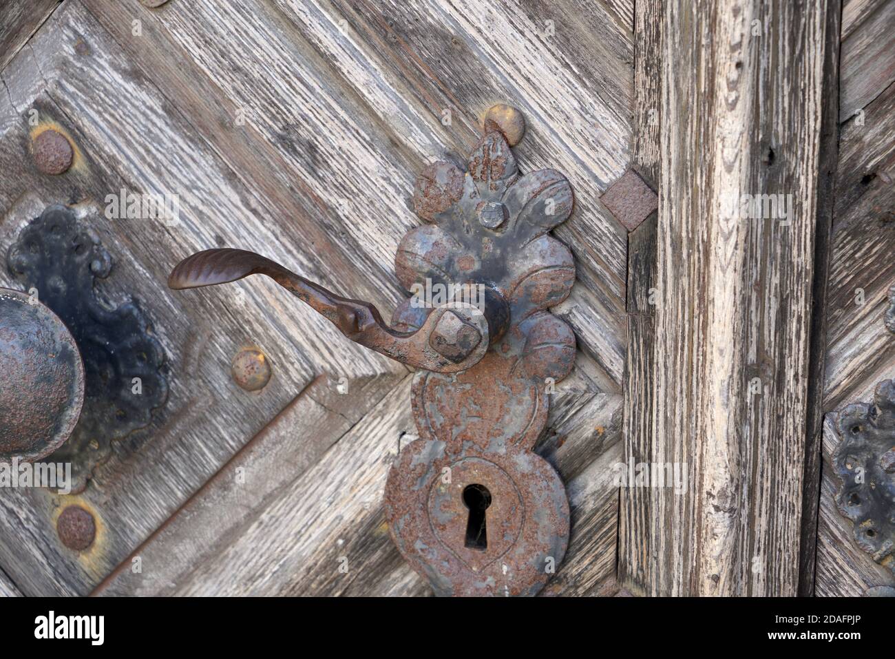 Closeup shot of an old wooden door with an old handle Stock Photo - Alamy