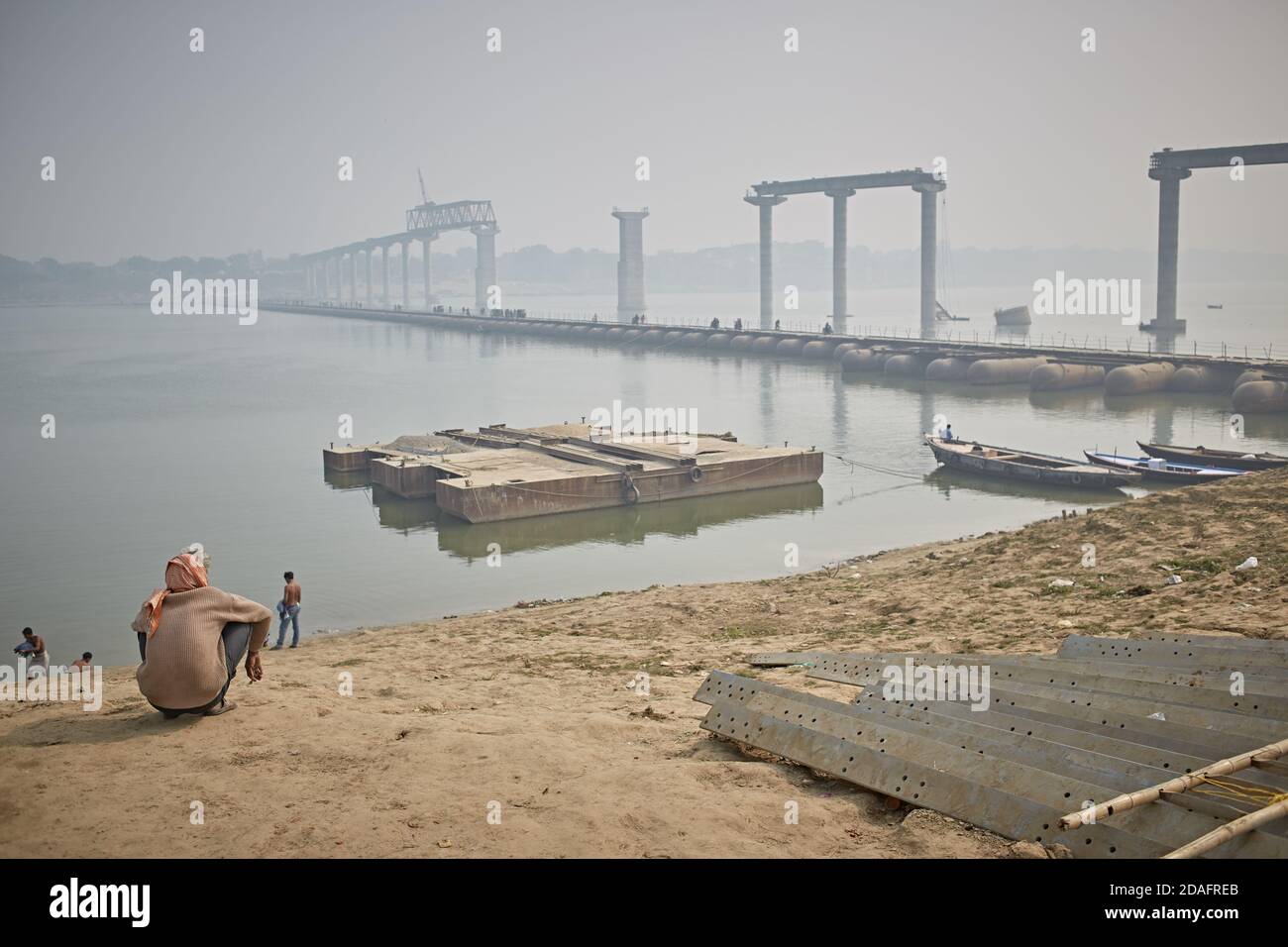 Varanasi, India, December 2015. Bridge under construction over the ...