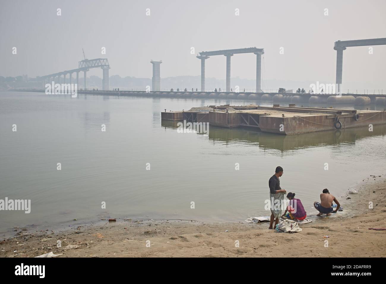 Varanasi, India, December 2015. Bridge under construction over the ...