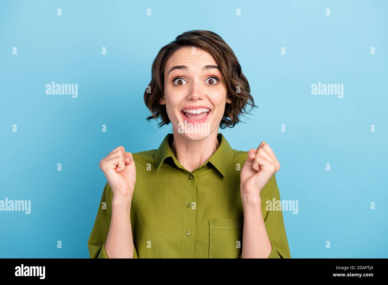 Portrait photo of happy smiling lucky girl shouting screaming ...