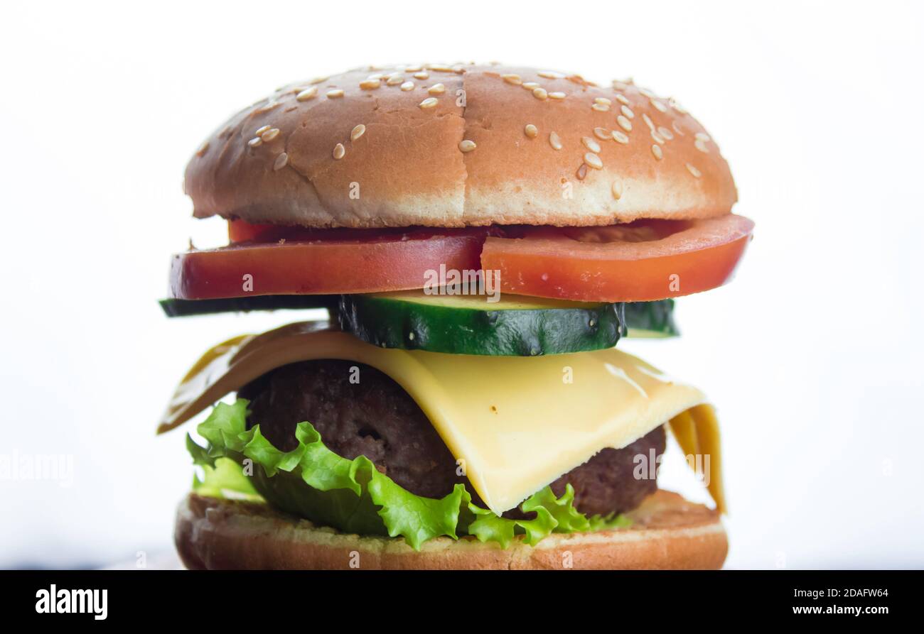 Big juicy burger with beef cutlet, fresh vegetables and melted cheese ...