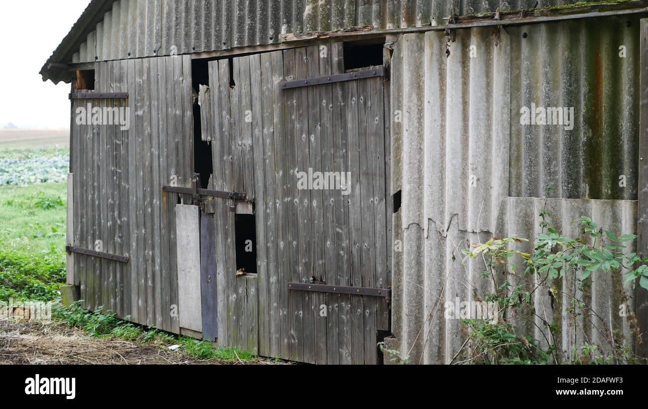 Old rotten eerie barn in the fields with closed gate Stock Photo - Alamy