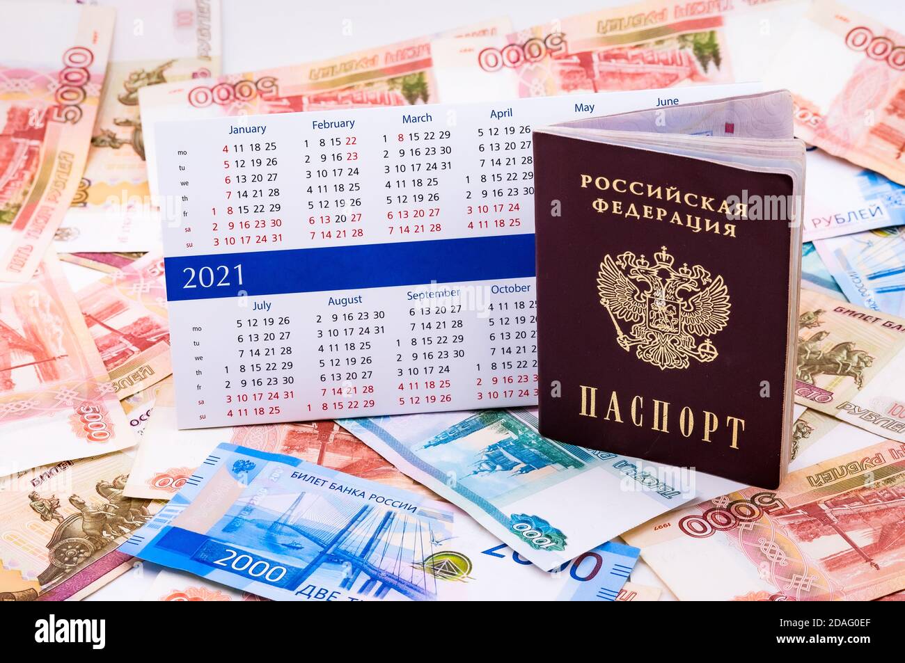 personal document and money, Russian passport and calendar 2021 Stock ...