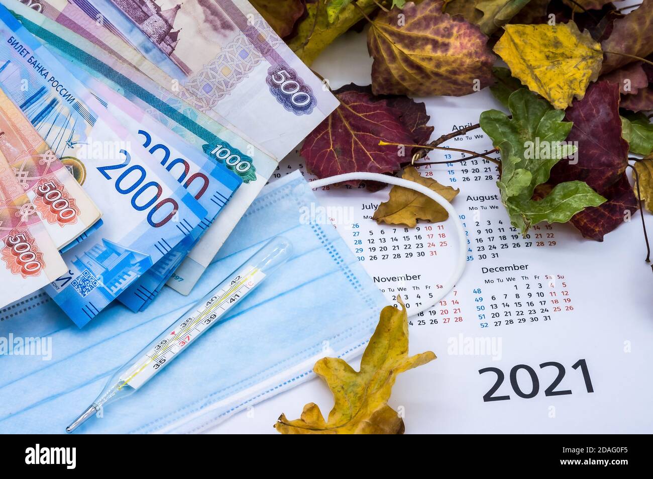 thermometer and fabric mask, medical mask and calendar 2021 ...