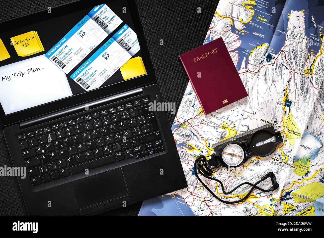 Planning a trip laptop map hi-res stock photography and images - Alamy