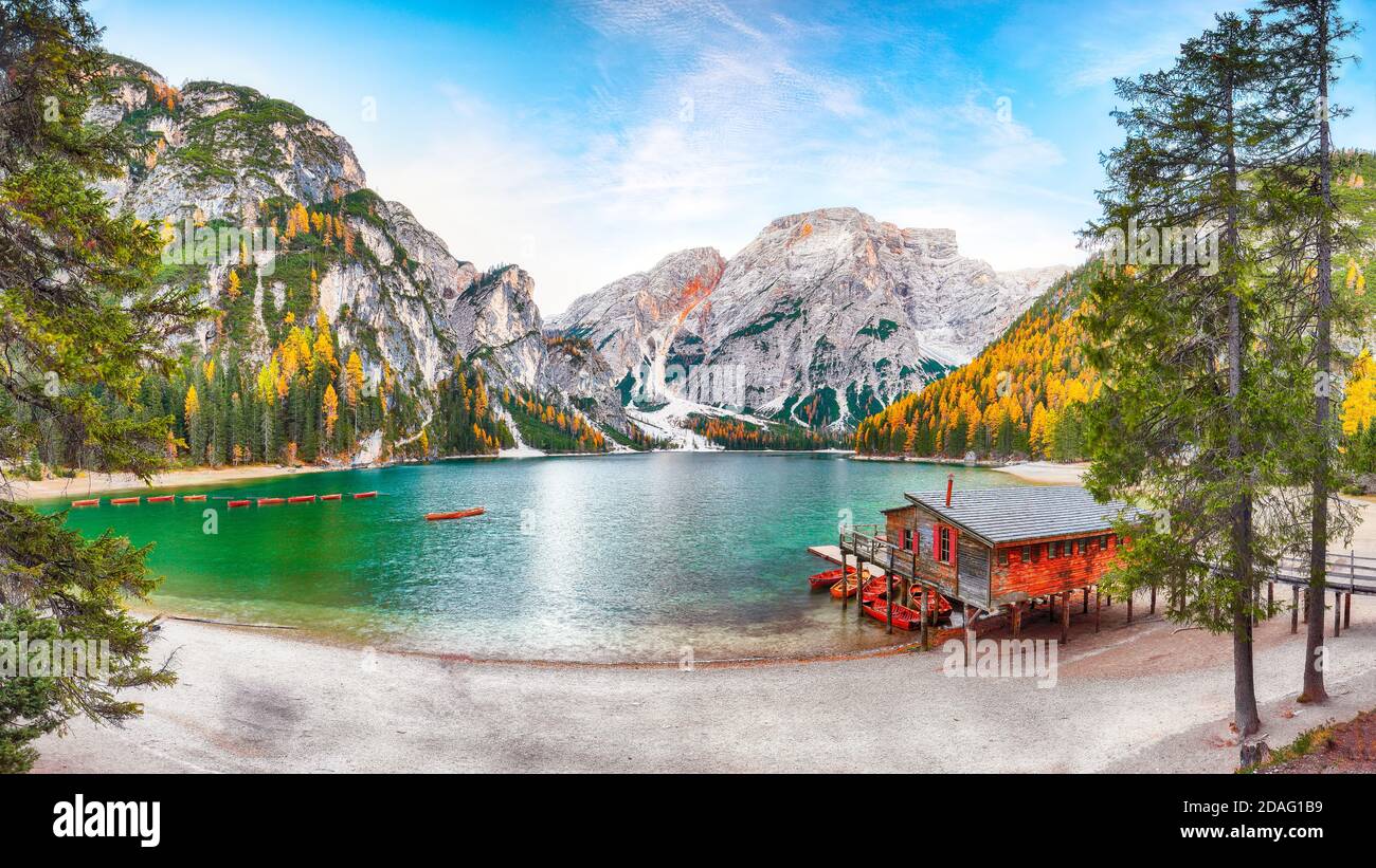 Marvelous scenery of famous alpine lake Braies at autumn. Location ...