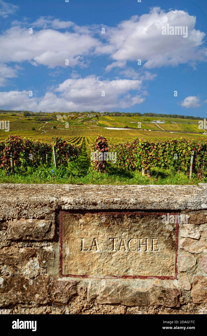 La Tache vineyard stone name plaque in boundary wall La Tache vineyard ...