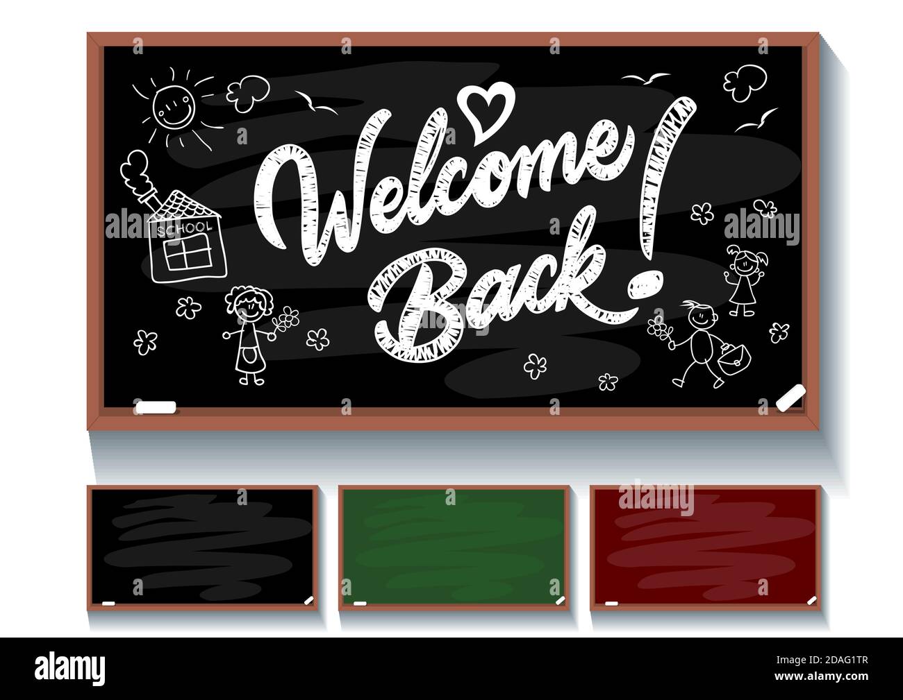 Welcome Back chalk inscription on blackboard. Set of three multi ...
