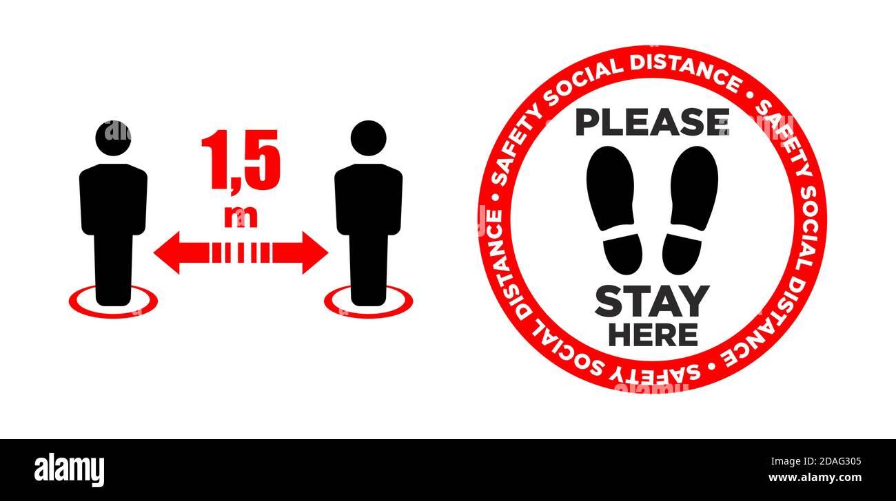 Vector of footprint sign with text keep your distance. 1,5 m safety ...
