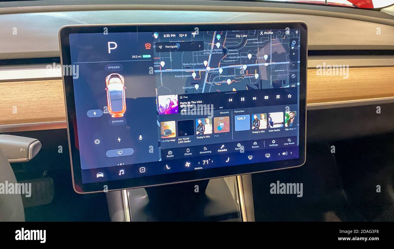 Orlando, FL/USA-2/17/20: A Tesla Model 3 15 inch touchscreen at a Tesla ...