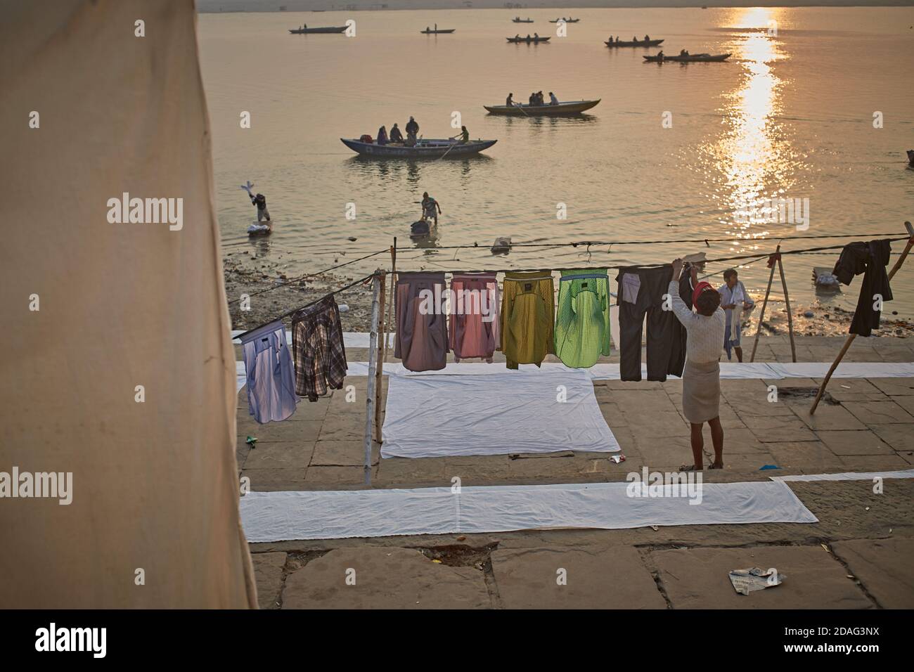 Varanasi, India, December 2015. Clothes hanging drying in a ghat at ...