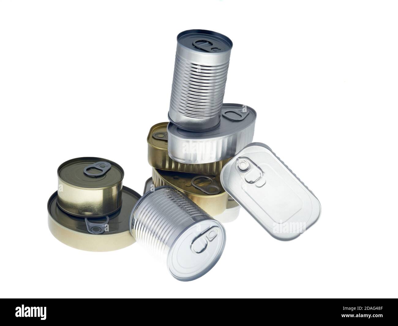 Different types of cans with prepared foods for consumption, vegetables ...