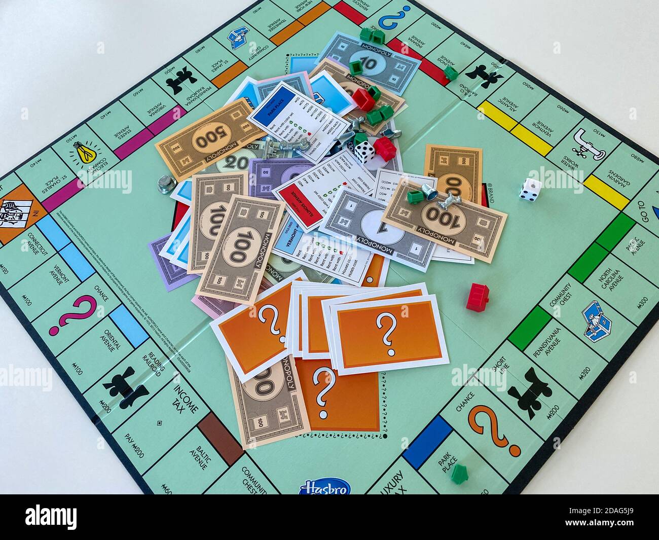 Orlando, FL/USA-12/20/19: Pieces for the game Monopoly by Hasbro on a ...