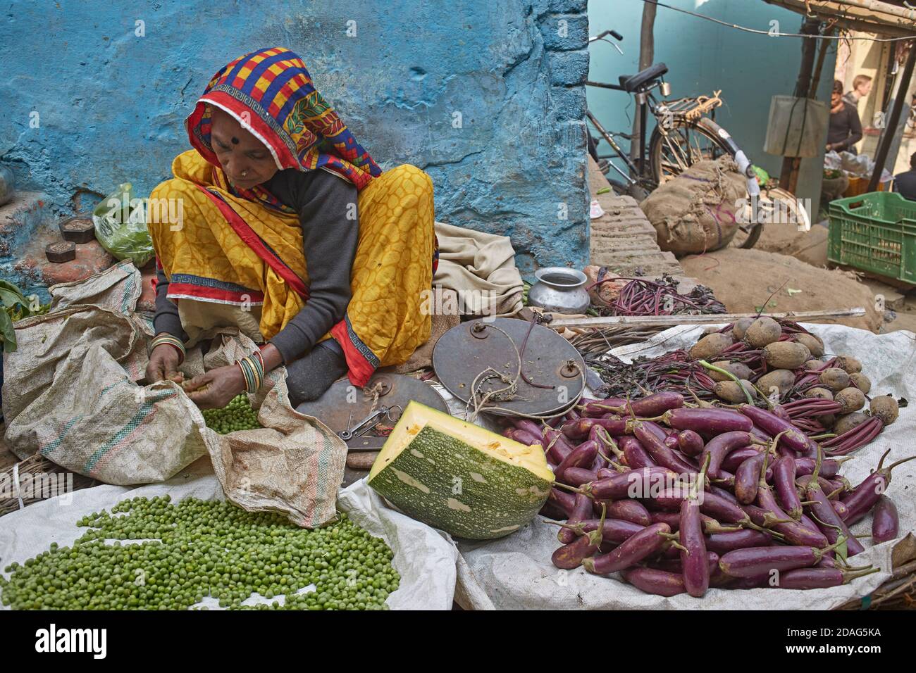 Varanasi, India, December 2015. Street market of fruit and vegetables ...