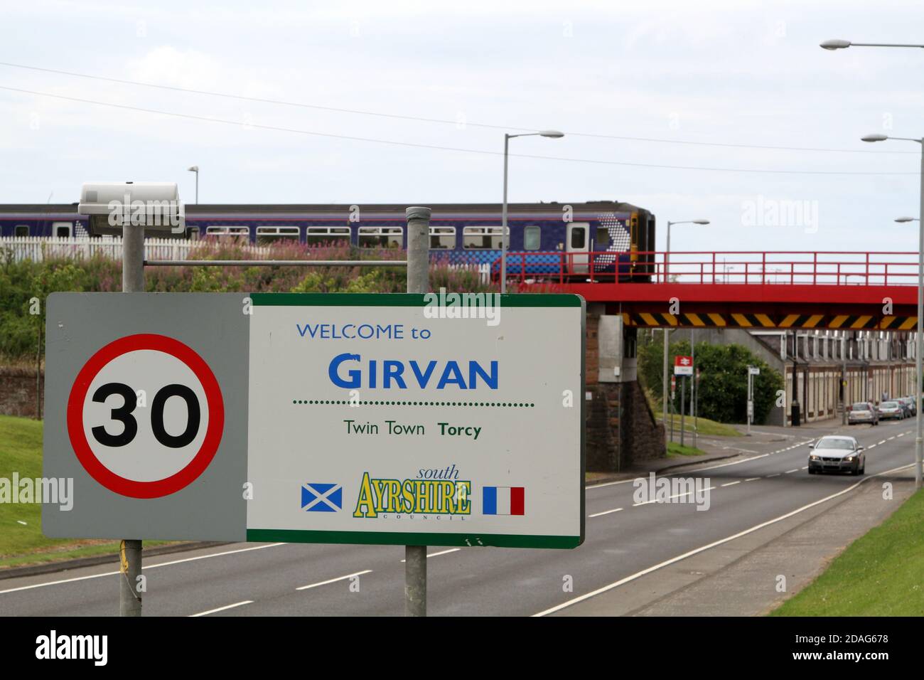 Girvan, Ayrshire, Scotland, UK. Welcome to Girvan sign on the A77 with ...