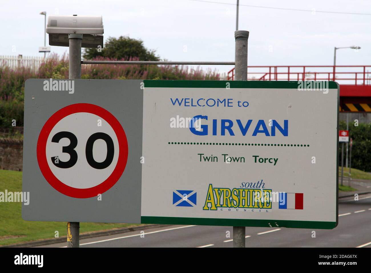Girvan, Ayrshire, Scotland, UK. Welcome to Girvan sign on the A77 with ...