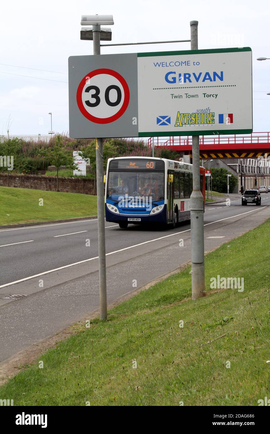Girvan, Ayrshire, Scotland, UK. Welcome to Girvan sign on the A77 with ...