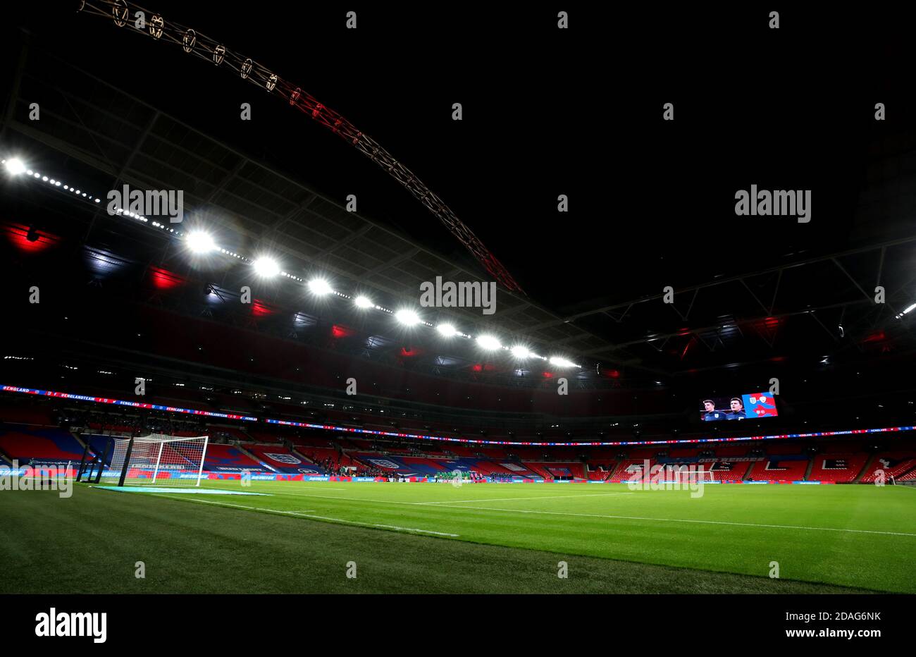 A general view of the empty stadium as players stand for the national ...