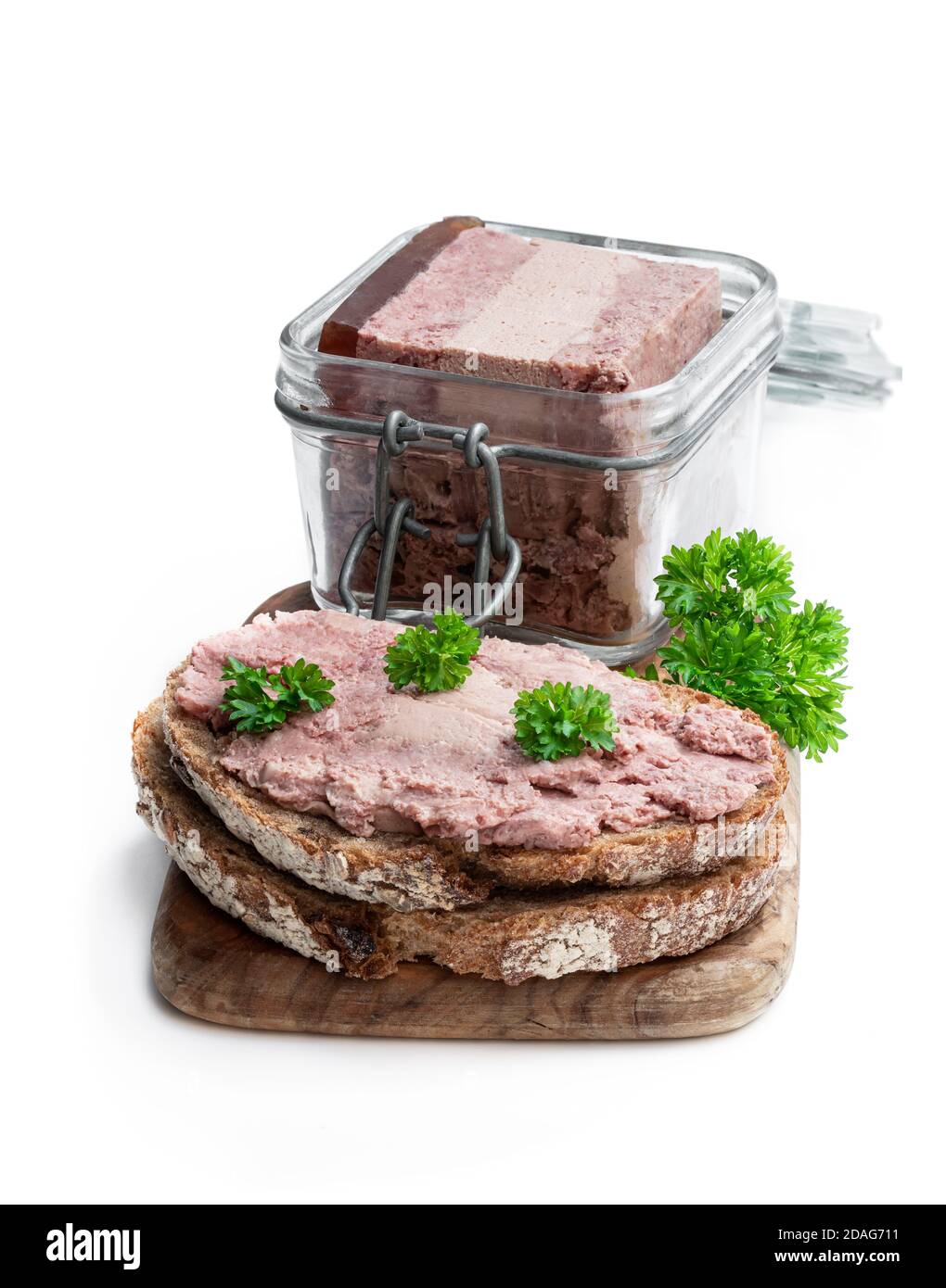 Fresh layered pate with bread isolated on white Stock Photo - Alamy