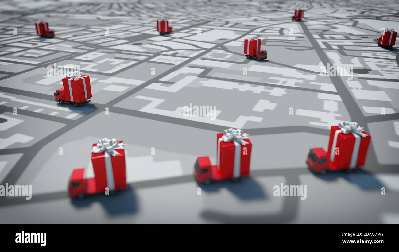 Red trucks with large Christmas gift on a road city map for parcel ...