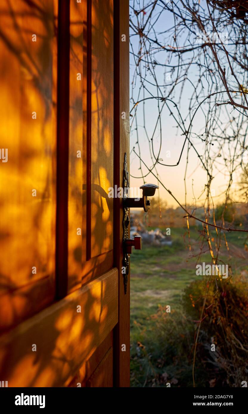 open wooden door in the setting sun with a rustic door handle Stock ...
