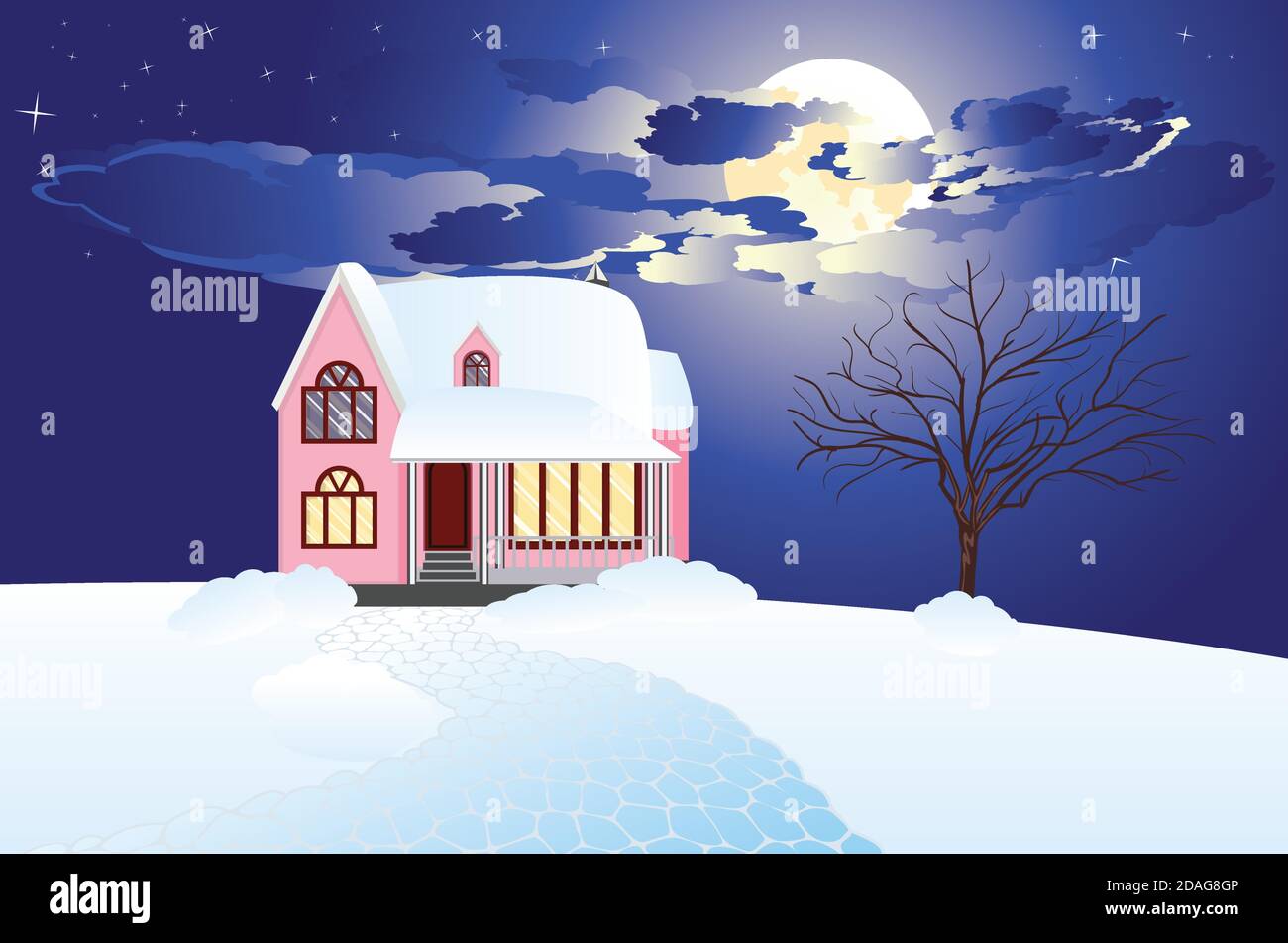 Cold winter rural landscape with cottage illustration Stock Vector ...