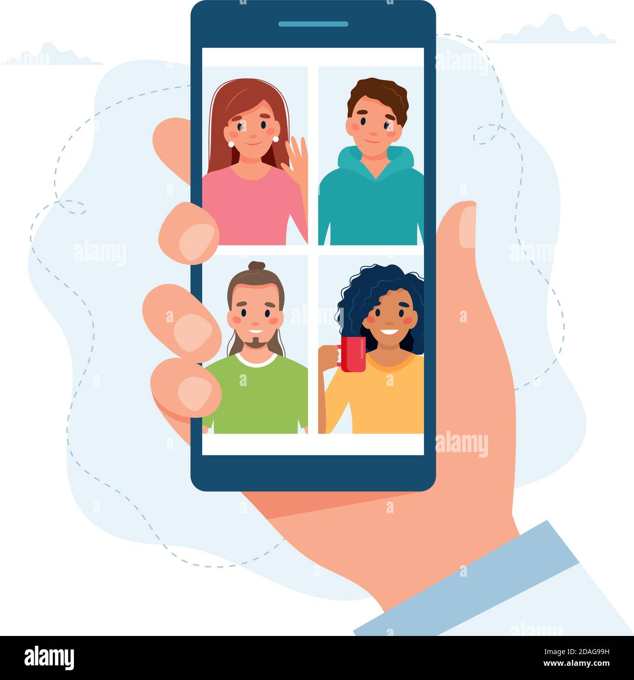 Smarphone with group of people doing group call. Online meeting via ...