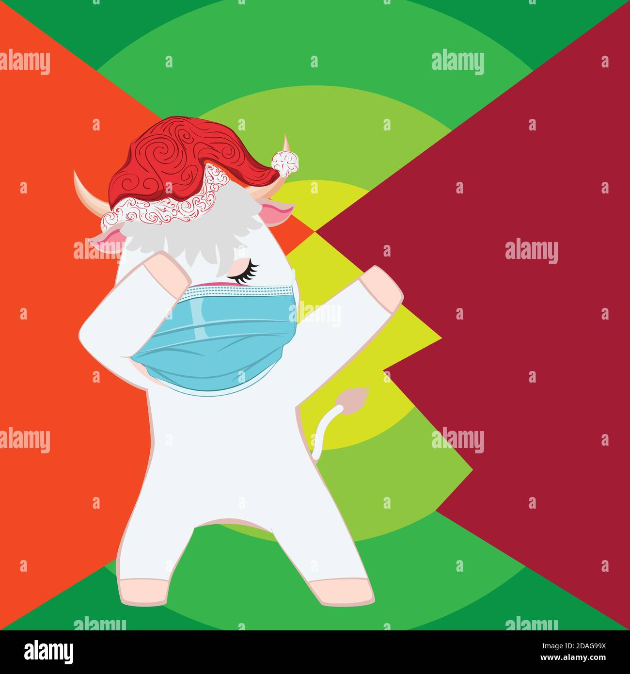 Cute cartoon bull in face mask wears Santa hat, Christmas, New years ...