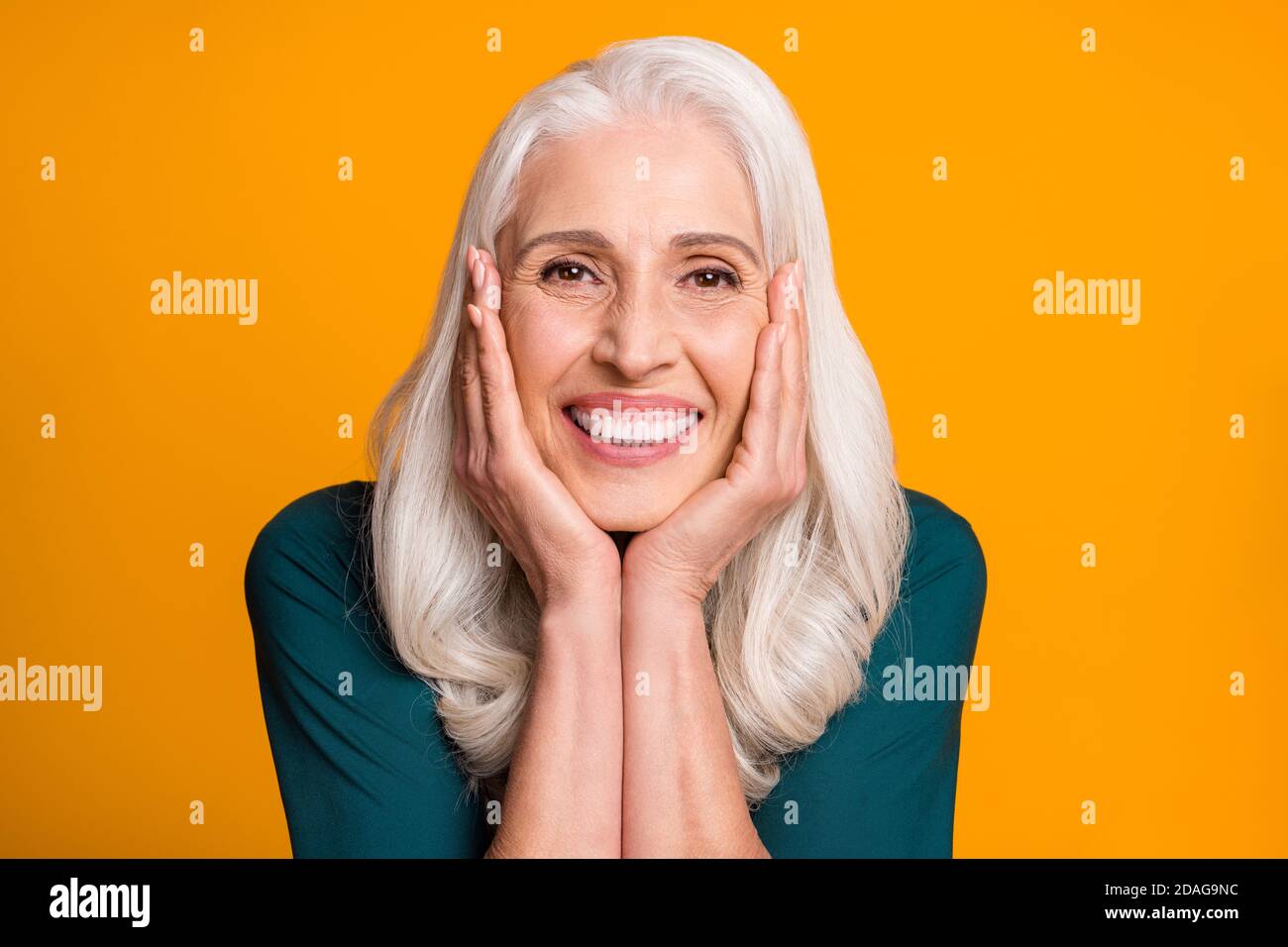 Closeup photo of amazing cheerful white haired grandma aged lady toothy ...