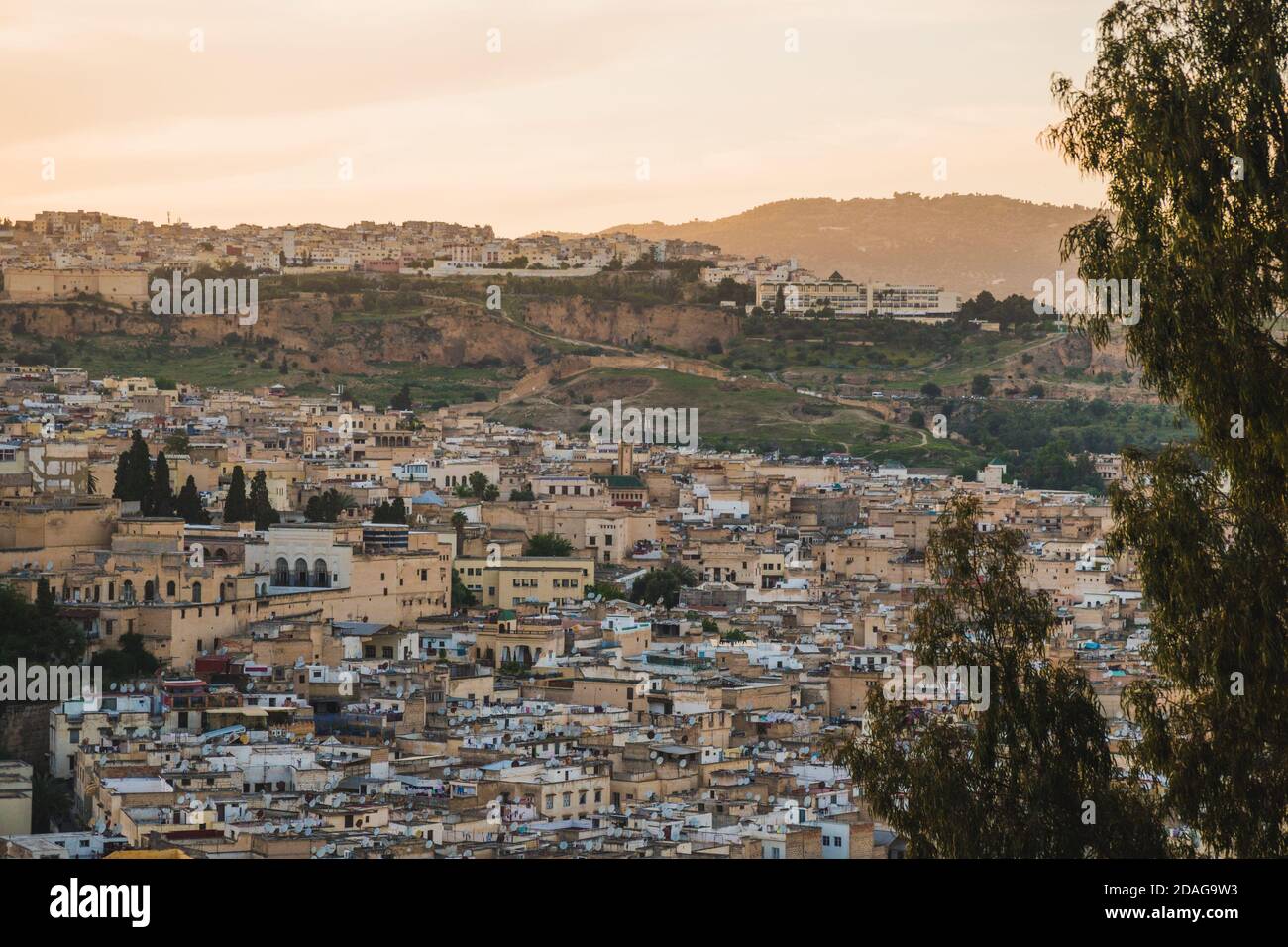 Panoramic scenic view of the city of Medina Fes at sunset in Morocco ...