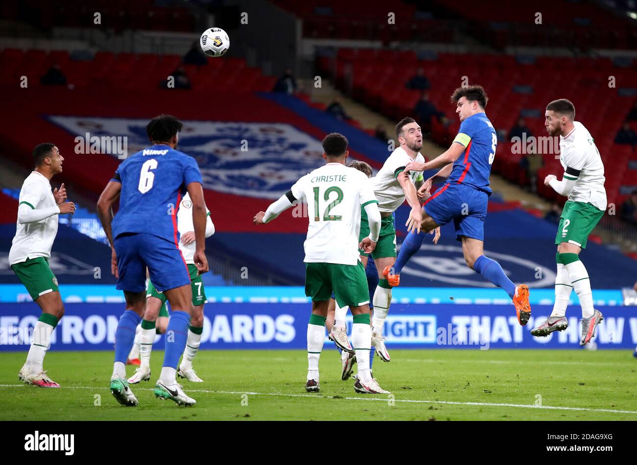 England's Harry Maguire (second right) has a header at goal during the ...