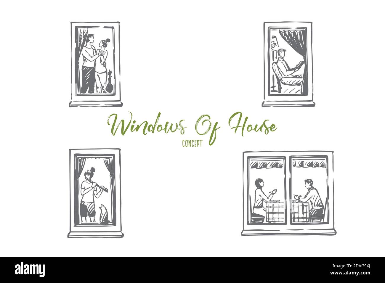 Windows of house - people dancing, reading, playing music, eating in ...