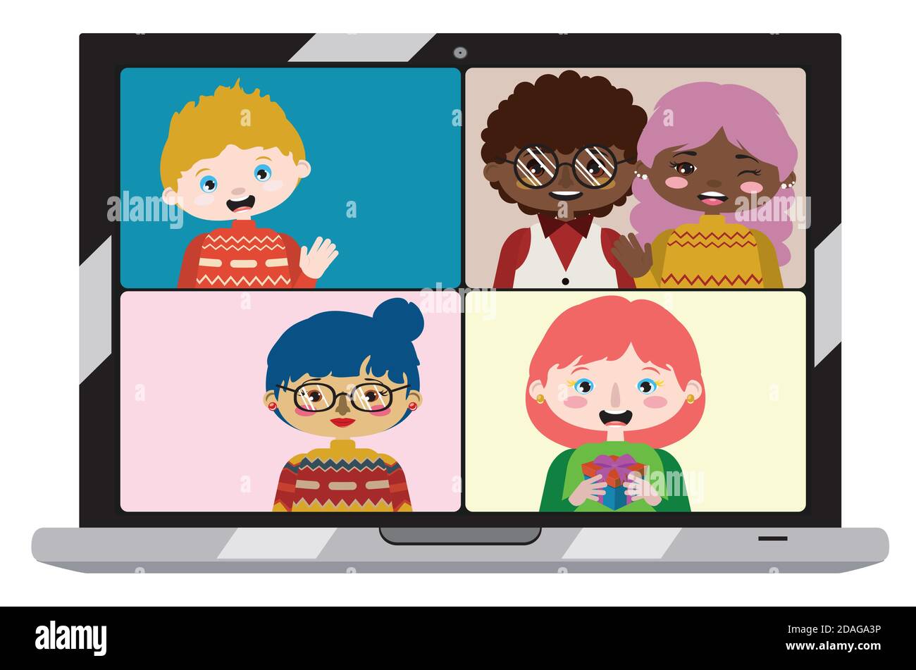 Cartoon boys and girls chatting on laptop screen, distant learning ...