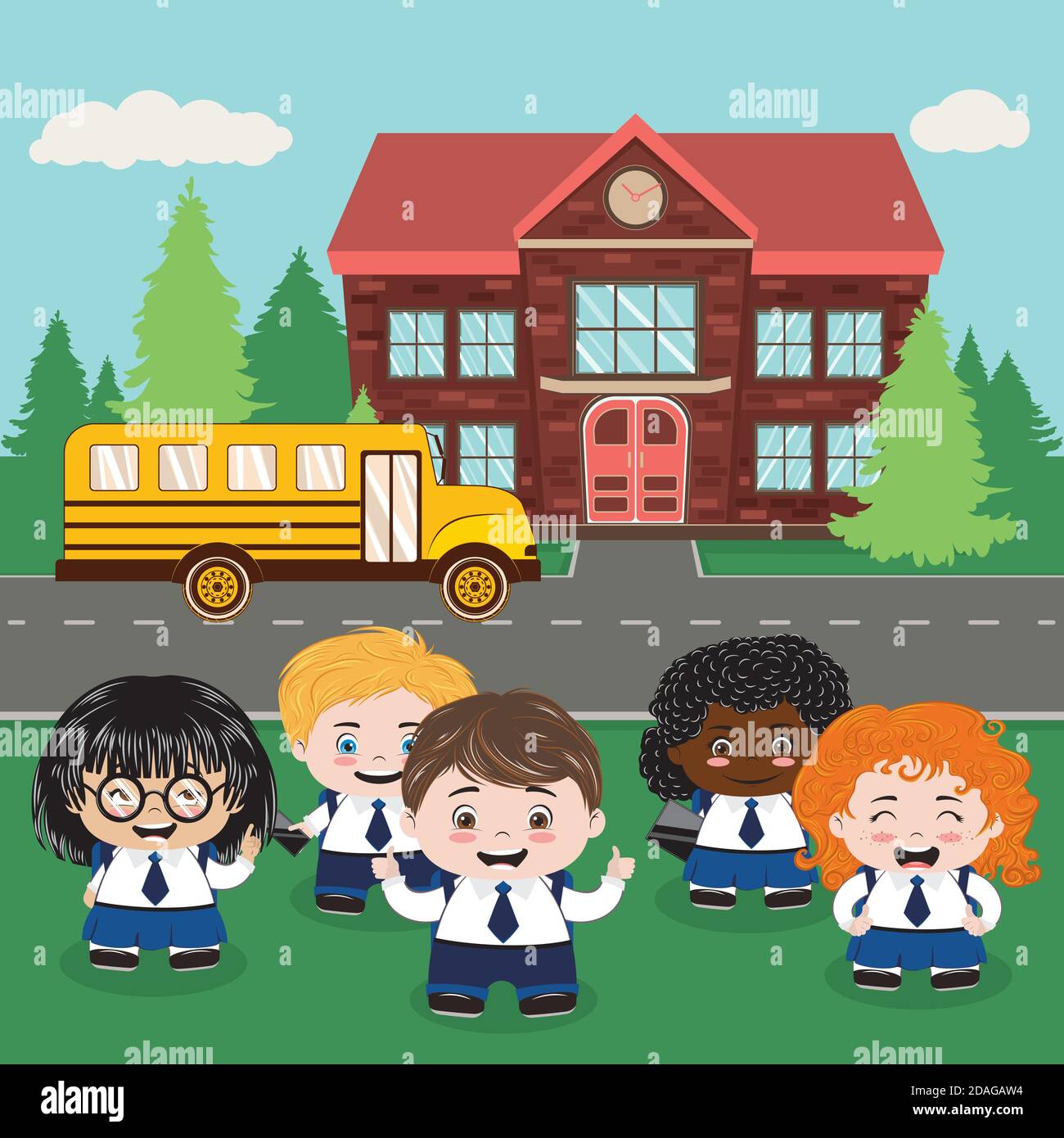 Back to school illustration with happy kids and rural school building ...