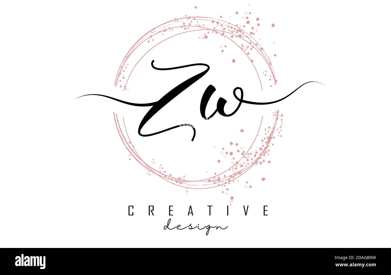 Handwritten ZW Z W letter logo with sparkling circles with pink glitter ...