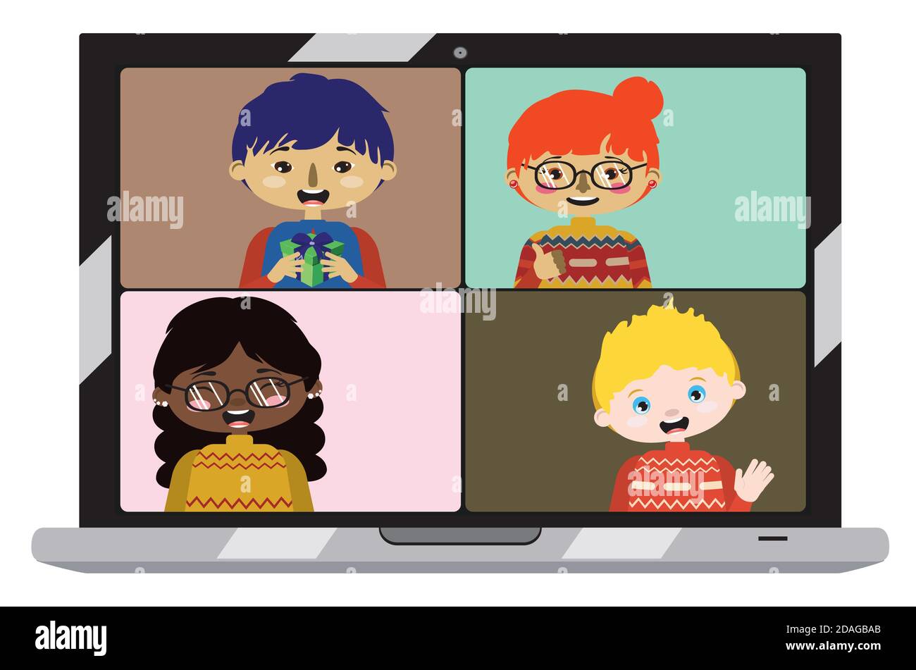 Cartoon boys and girls chatting on laptop screen, distant learning ...