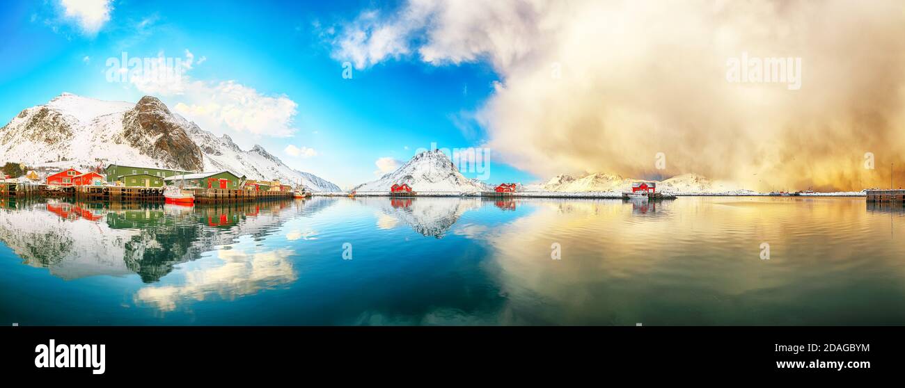 Fabulous panoramic view of Ramberg village and port at sunrise. Travel ...